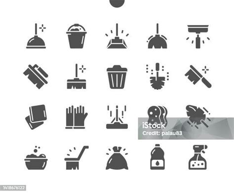 청소 도구 카펫 브러시 양동이 스프레이 더스트 팬 스폰지 및 기타 물 한 그릇 벡터 솔리드 아이콘 간단한 픽토그램 아이콘에 대한