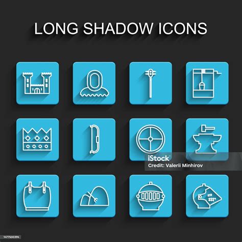 세트 라인 방탄복 건초와 갈퀴 베일 성 중세 철 헬멧 활 대장간 망치용 모루 및 둥근 나무 방패 아이콘 벡터 갈퀴에 대한 스톡 벡터 아트 및 기타 이미지 Istock