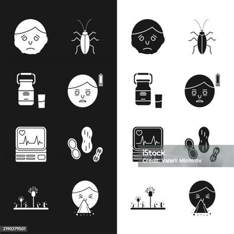 피로 설정 우유 용기 염증 얼굴 바퀴벌레 심장 검사 모니터 땅콩 손수건 그의 콧물과 곰팡이 아이콘 벡터 가공의 인물에 대한 스톡 벡터 아트 및 기타 이미지 Istock