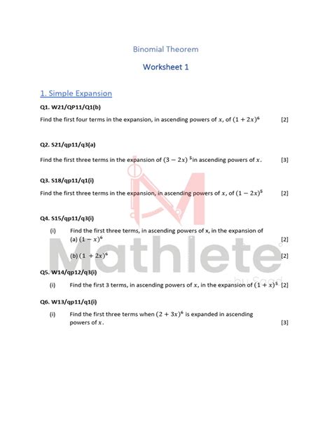 Binomial Theorem Worksheet 1 Pdf Mathematics Algebra
