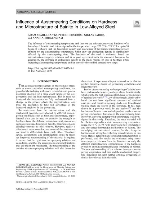 Pdf Influence Of Austempering Conditions On Hardness And Microstructure Of Bainite In Low