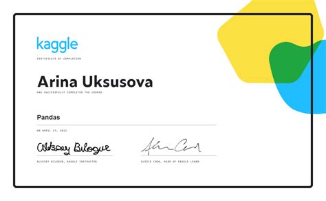arina uksusova completed the pandas course on kaggle
