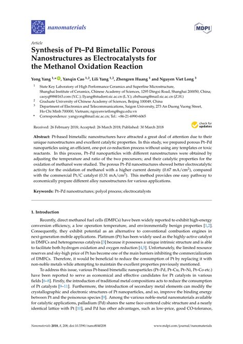 Pdf Synthesis Of Ptpd Bimetallic Porous Nanostructures As Electrocatalysts For The Methanol