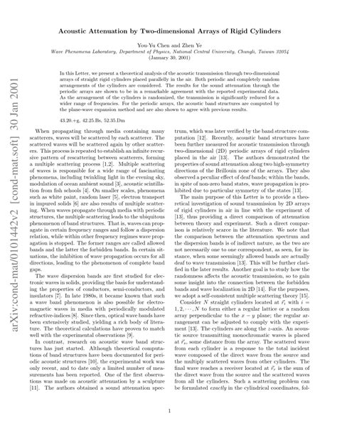 Pdf Acoustic Attenuation By Two Dimensional Arrays Of Rigid Cylinders