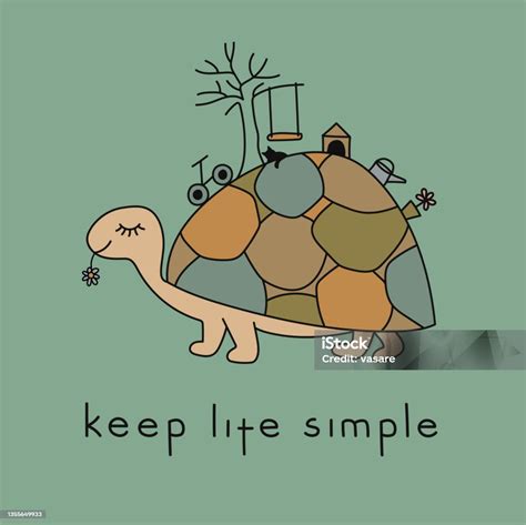 거북이와 손으로 그린 텍스트녹색 배경에 생활을 간단하게 유지합니다 느린 수명 벡터 일러스트레이션 가공의 인물에 대한 스톡 벡터 아트 및 기타 이미지 Istock
