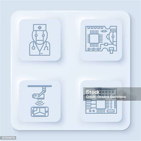 세트 라인 로봇 의사 인쇄 회로 기판 Pcb 무선 제어 Cctv 보안 카메라 및 인쇄 회로 기판 Pcb 흰색 정사각형 버튼 벡터 Cpu에 대한 스톡 벡터 아트 및 기타