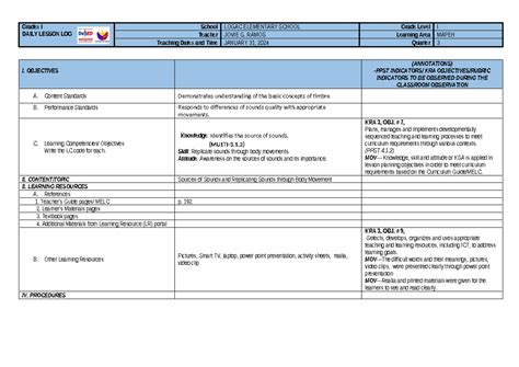 Cot Grade 1 Mapeh Identifying Sources Of Sounds Grades I Daily Lesson