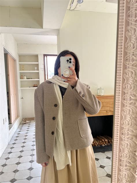 3온스 패딩 싱글 브이넥 노카라 울 베이지 자켓 오버핏 코트