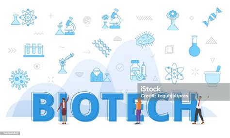 큰 단어와 파란색 스타일의 관련 아이콘으로 둘러싸인 사람들이 있는 생명공학 개념 Dna에 대한 스톡 벡터 아트 및 기타 이미지 Dna Drug Health Istock
