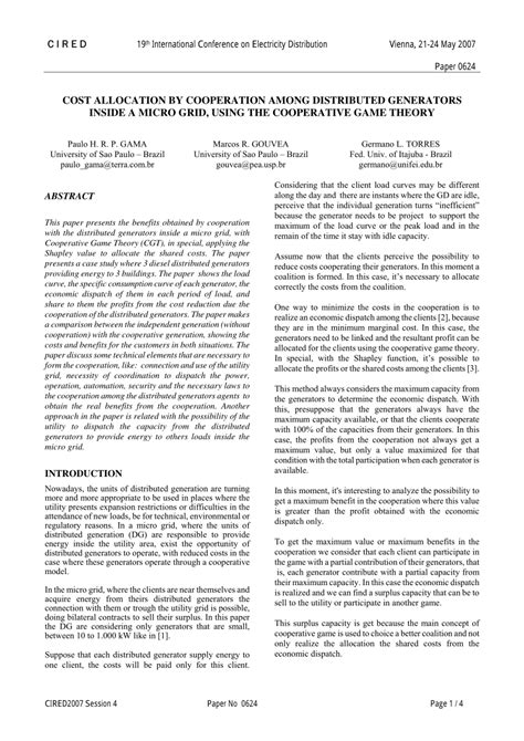 Pdf Cost Allocation By Cooperation Among Distributed Generators Inside A Micro Grid Using The