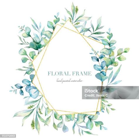 유칼립투스 수채화 프레임입니다 유칼립투스 녹지 프레임 손으로 그린 흰색 배경에 격리되어 있습니다 청첩장 꽃 라벨 암탉 샤워 및 꽃 인사말 카드에 적합합니다 0명에 대한 스톡