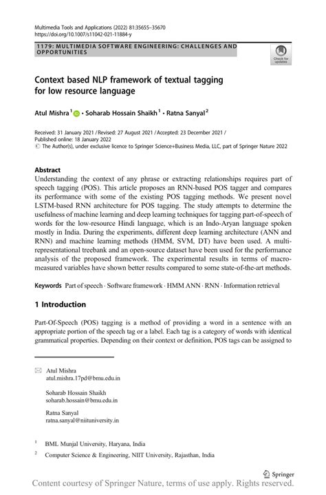 Context Based Nlp Framework Of Textual Tagging For Low Resource