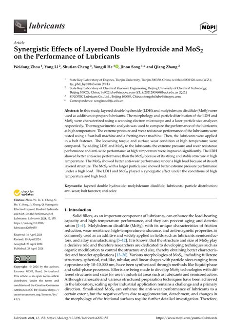 Pdf Synergistic Effects Of Layered Double Hydroxide And Mos2 On The Performance Of Lubricants