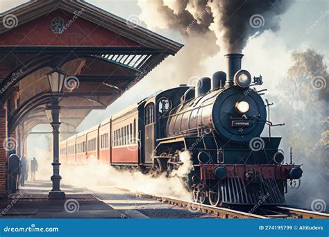Vintage Train Station With Steam Engine Departing Casting A Cloud Of Smoke Over The Platform