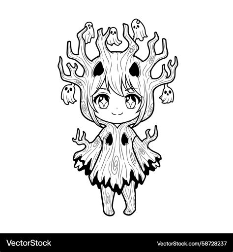 Chibi Tree Spirit With Ghosts Outline Black Vector Image