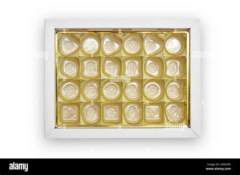 Empty Candy Box On White Background Gold Color Tray For Candy And Confectionery Products Stock