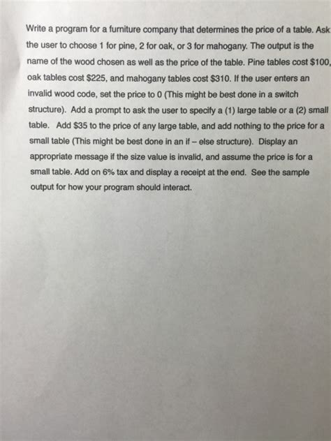 Solved Write A Program For A Furniture Company That