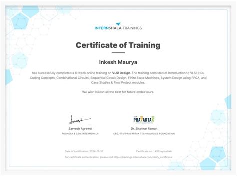 proud to share that i ve completed a 6 week certification in vlsi design offered by internshala