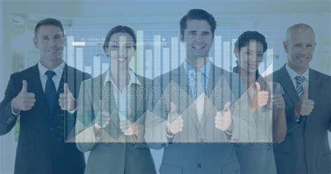Animation Of Statistical Data Processing Over Diverse Businesspeople Showing Thumbs Up At Office