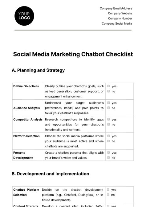 Free Social Media Marketing Chatbot Checklist Template To Edit Online