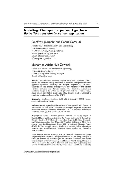Pdf Modelling Of Transport Properties Of Graphene Field Effect Transistor For Sensor Application