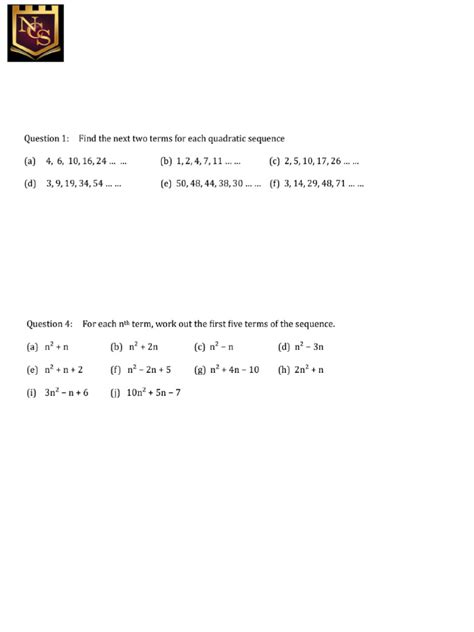 Quadratic Sequence Pdf