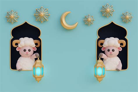 라마단 카림 또는 이드 알 아다 무바라크는 귀여운 만화 양 금등 초승달을 가지고 있습니다 이슬람 이슬람 축제 3d 렌더링 0명에 대한 스톡 사진 및 기타 이미지 Istock