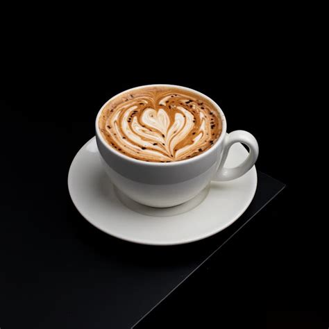 거품 커피 검은 배경 도자기 컵 따뜻한 음료 뜨거운 음료 뜨거운 커피 라떼 아트 라이프스타일 맛 매우 복잡한 모카 미니멀리스트 미식가 바리스타 술을