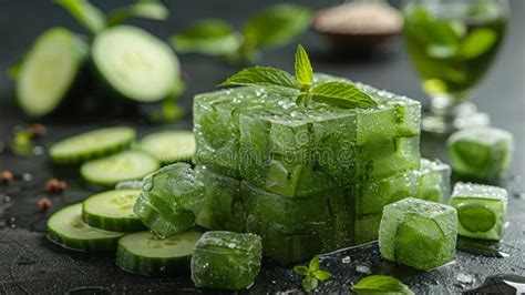 Fresh Cucumber And Mint Ice Cubes On Black Surface Stock Image Image Of Surface Table 325620213