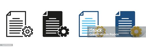 기어 라인과 실루엣 아이콘 세트가 있는 문서 프로젝트 관리 픽토그램 계약 설정 기호입니다 사업 개발 작업 보고서 파일 계약서 서명 격리된 벡터 그림 개발에 대한 스톡 벡터