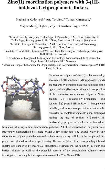 Zinc Ii Coordination Polymers With 3 1h Imidazol 1 Yl Propanoate Linkers Inorganic Chemistry