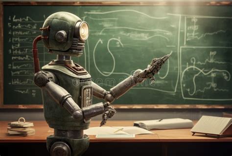 Automatic Human Like Robot Standing In Front Of Class With Pupils And Teaching Them Of Robotics