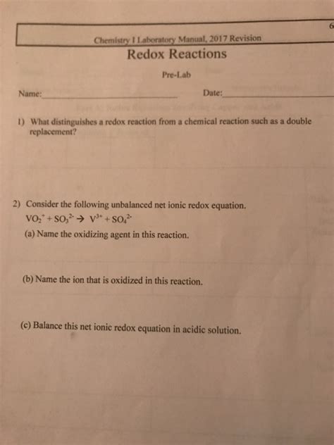 Solved Chemistry I Laboratory Manual 2017 Revision Redox Chegg Com