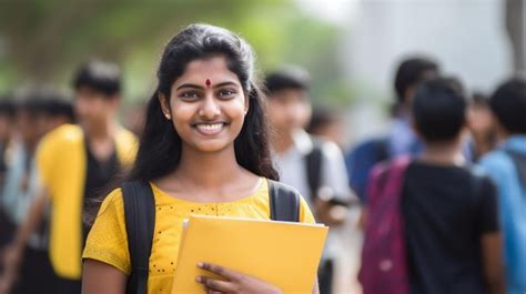 Premium Photo A South Indian College Girl Student In Yellow Is