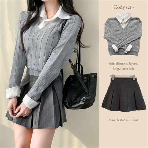 슬로우베리 2ps겨울인기코디set 셔츠 다이아 레이어드 긴팔니트스탠 플리츠 미니스커트 코디세트 셋업 Set