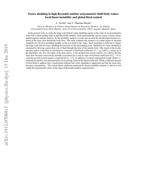Pdf Vortex Shedding In High Reynolds Number Axisymmetric Bluff Body Wakes Local Linear