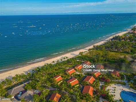 Panoramic Coastal Mui Ne View From Above With Waves Coastline Streets