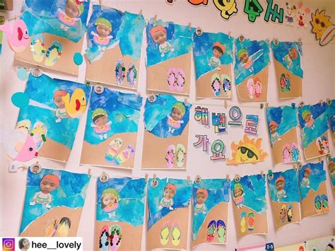 Heelovely 선생님 해변가에서 쪼리벗고 수영하는 열매반 친구들 컨셉 무지 좋구요 7월 여름과 건강 활동 첫 스타트부터 열정가득 모래종이 위에 바다 표현하고