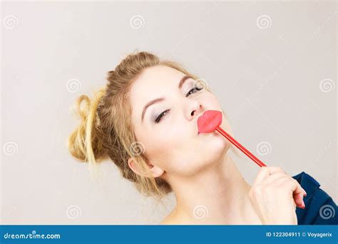 Happy Woman Holding Fake Lips On Stick Stock Image Image Of Fake Mustache 122304911