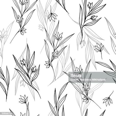 나뭇잎과 꽃이 있는 벡터 이음매 없는 패턴 검은 잉크는 나뭇잎 나뭇 가지와 작은 꽃을 그렸습니다 검은 가지 현대 장식 단풍과 질감입니다 추상 식물 모티프 검은색에 대한 스톡