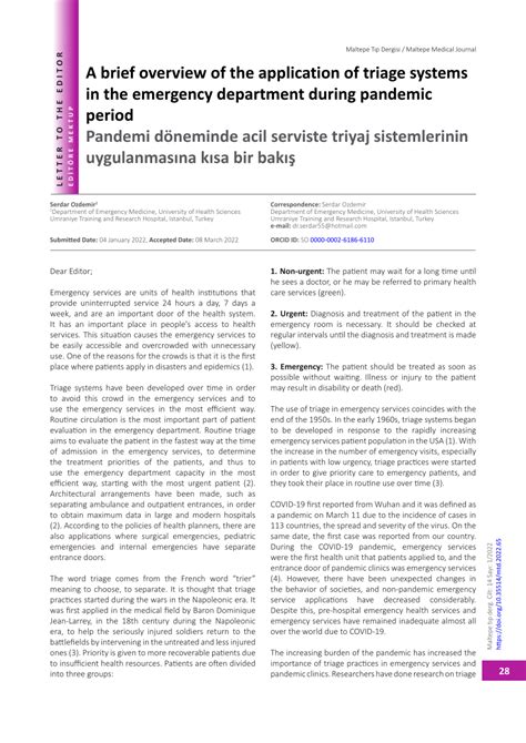 Pdf A Brief Overview Of The Application Of Triage Systems In The Emergency Department During