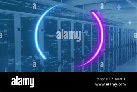 Animation Of Circle And Connected Arrows Over Bars On Data Server Racks