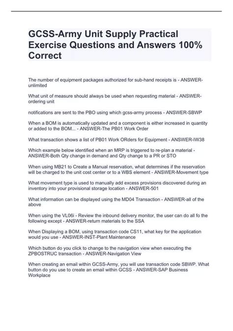 Gcss Army Unit Supply Practical Exercise Questions And Answers 100