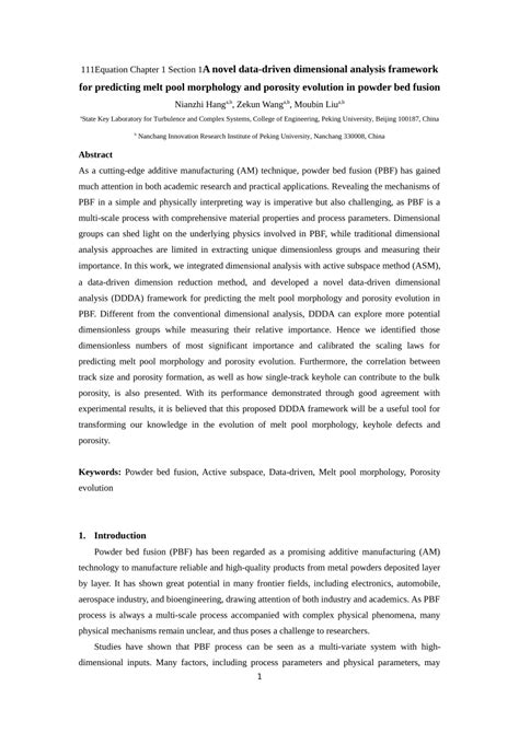 PDF A Novel Data Driven Dimensional Analysis Framework For Predicting Melt Pool Morphology And