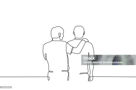 남자는 어깨에 손을 얹은 채 친구를 바라본다 우정의 개념 정서적 지원 누군가를 위로하고 라인아트에 대한 스톡 벡터 아트 및 기타
