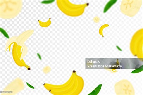 플라잉 바나나 배경 초점이 흐려진 흐림 효과가 있는 매끄러운 패턴 떨어지는 익은 바나나와 야자 잎이 분리되었습니다 벽지 배너 포스터 인쇄 직물 포장지에 사용할 수 있습니다