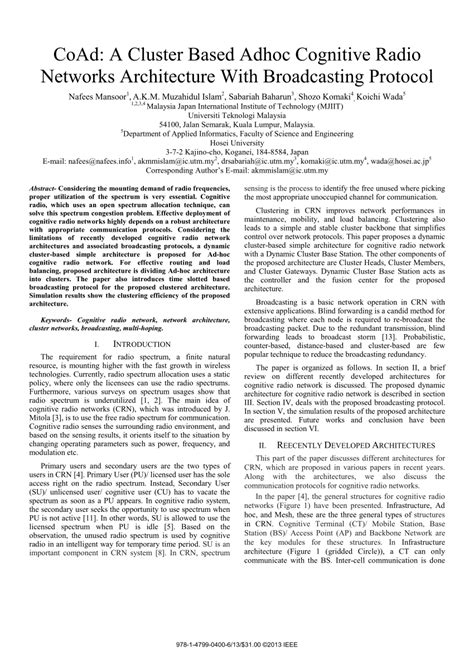 Pdf Coad A Cluster Based Adhoc Cognitive Radio Networks Architecture With Broadcasting Protocol
