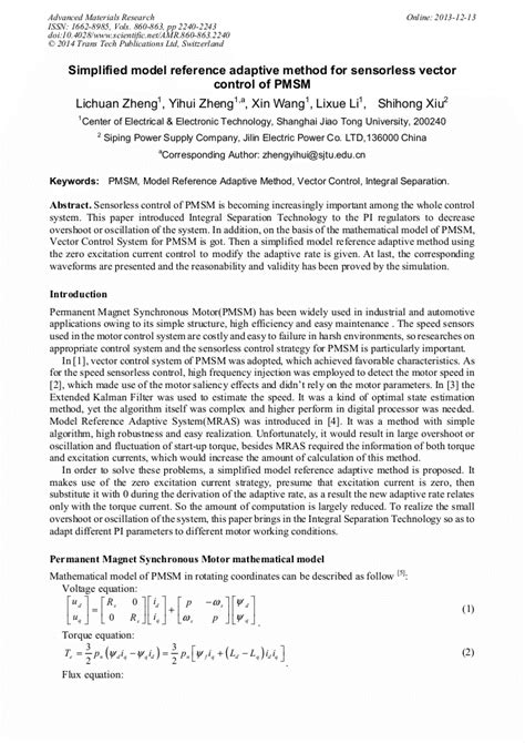 Simplified Model Reference Adaptive Method For Sensorless Vector Control Of Pmsm Scientific Net