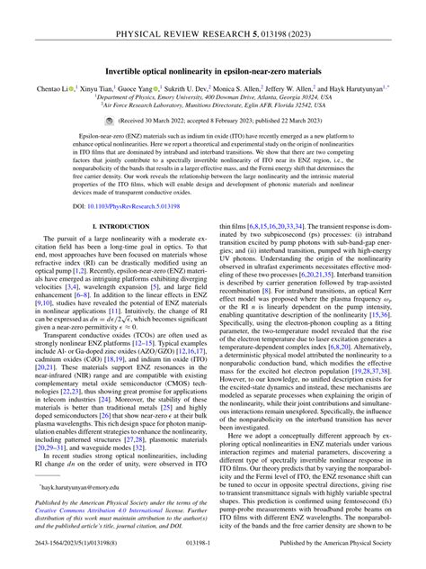 Pdf Invertible Optical Nonlinearity In Epsilon Near Zero Materials