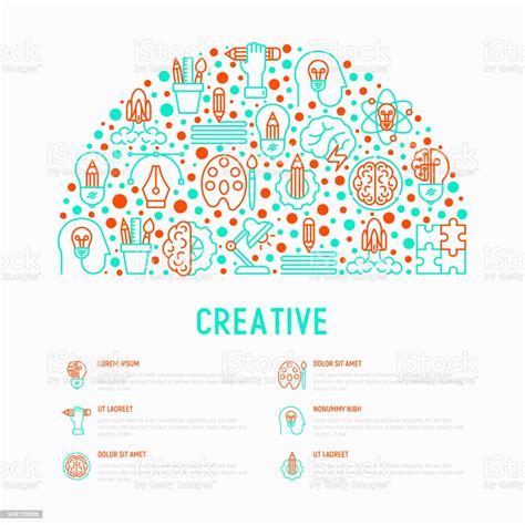 얇은 선 아이콘으로 30 원에 창조적인 개념 아이디어의 생성 시작 브리핑 브레인스토밍 퍼즐 컬러 팔레트 창조적 비전 천재 웹